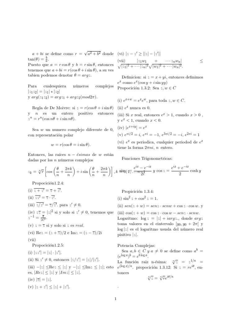 Formulario de Variable Compleja PDF | PDF | Raíz cuadrada | Funciones especiales