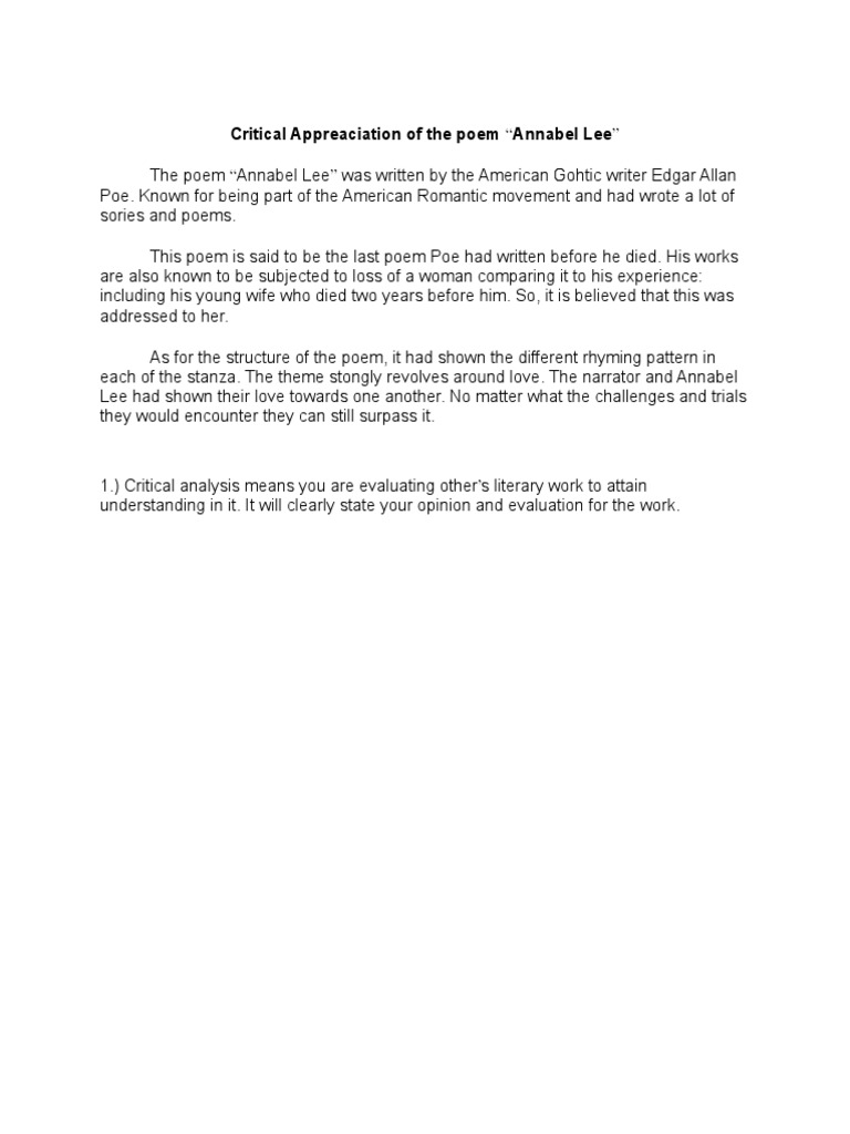 Critical Analysis of Annabel Lee Poem | PDF