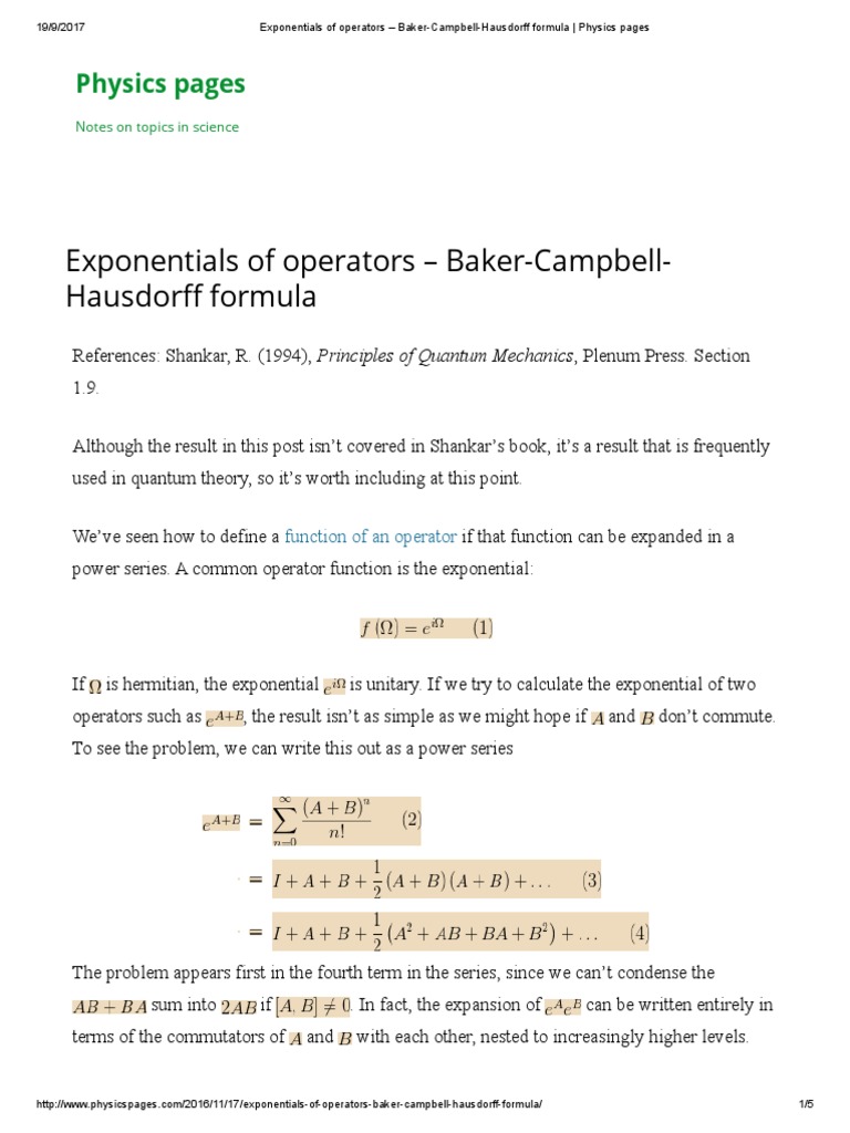 Exponentials of Operators - Baker-Campbell-Hausdorff Formula - Physics Pages | Download Free PDF ...