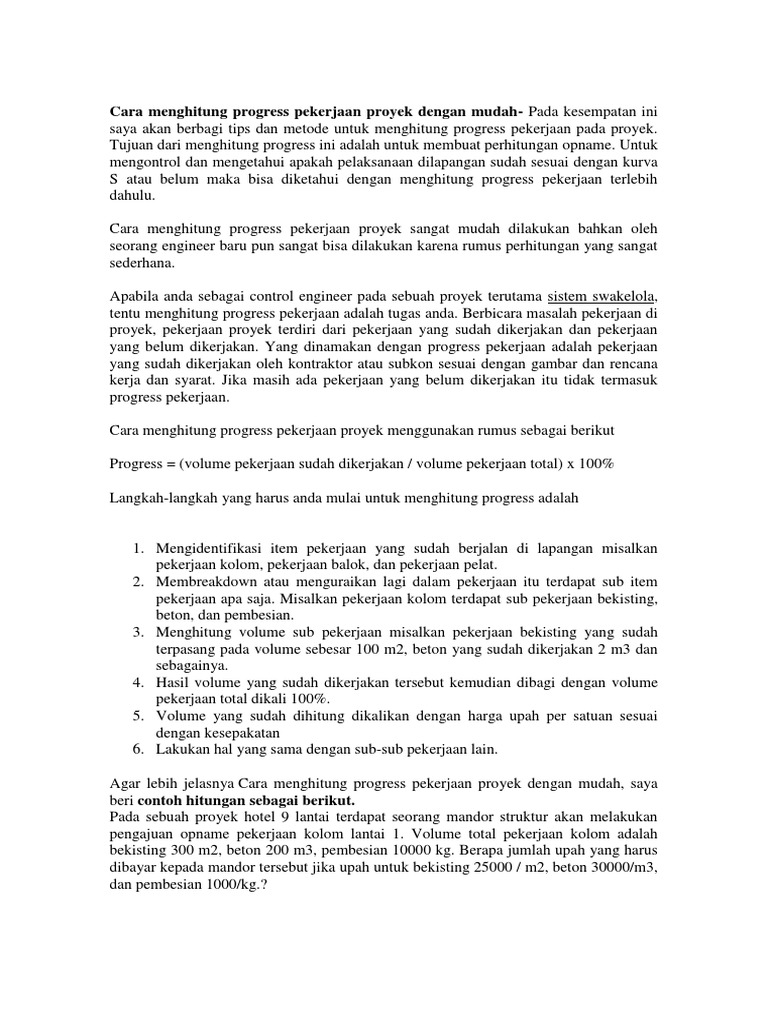 Cara Menghitung Progress Pekerjaan Proyek Dengan Mudah PDF | PDF