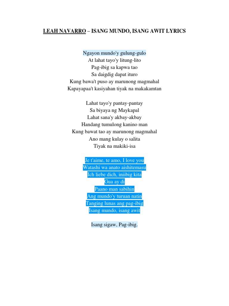 Leah Navarro - Isang Mundo, Isang Awit Lyrics | PDF