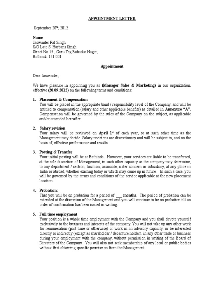 Letter of Appointment for the Role of Manager Sales & Marketing | PDF ...