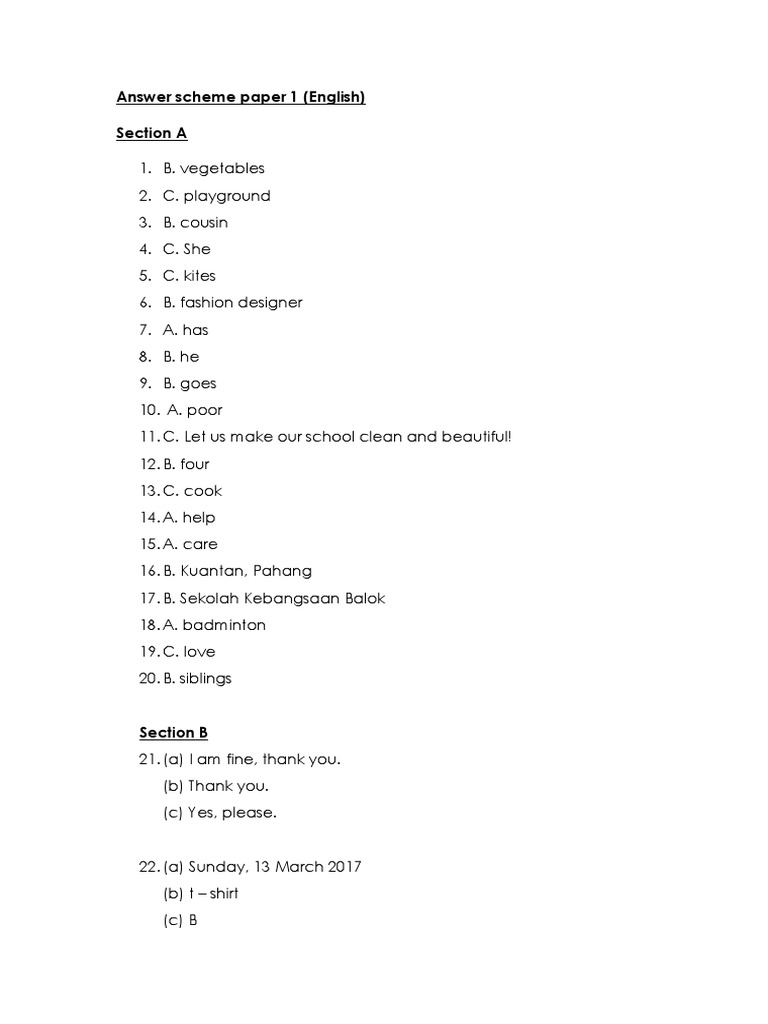 Answer Scheme Paper 1 (English) Section A | PDF