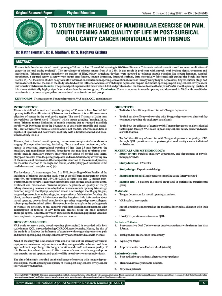 To Study The Influence of Mandibular Exercise On Pain, Mouth Opening ...