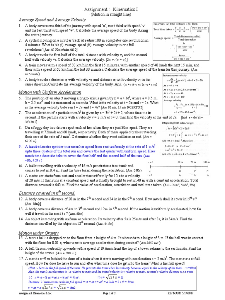 Assignment Kinematics I | PDF | Speed | Velocity