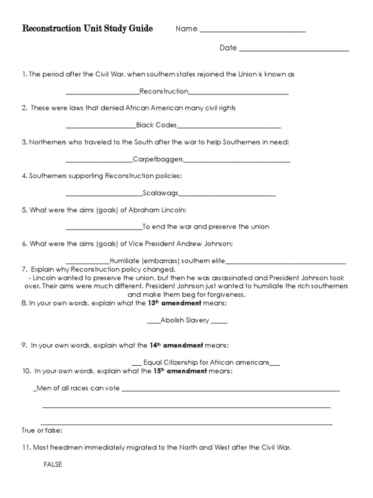 Reconstruction Era Study Guide | PDF | Reconstruction Era | Human ...