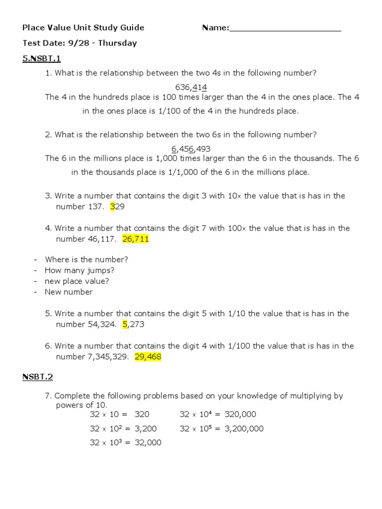Place Value Unit Study Guide 2017 | PDF | Mathematical Notation ...