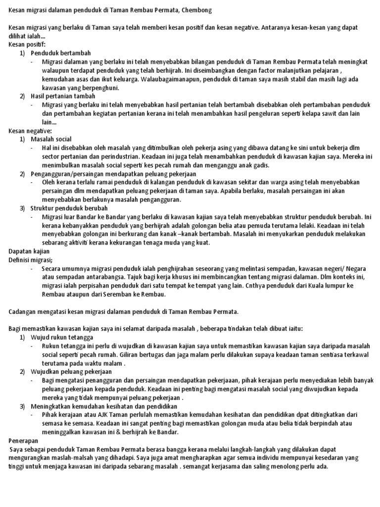 Kesan Migrasi Dalaman Penduduk Di Taman Rembau Permata | PDF