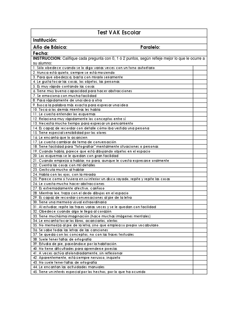 Test VAK Escolar | PDF | Memoria | Science
