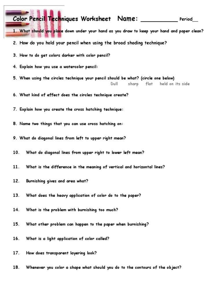 Name: - : Color Pencil Techniques Worksheet | PDF