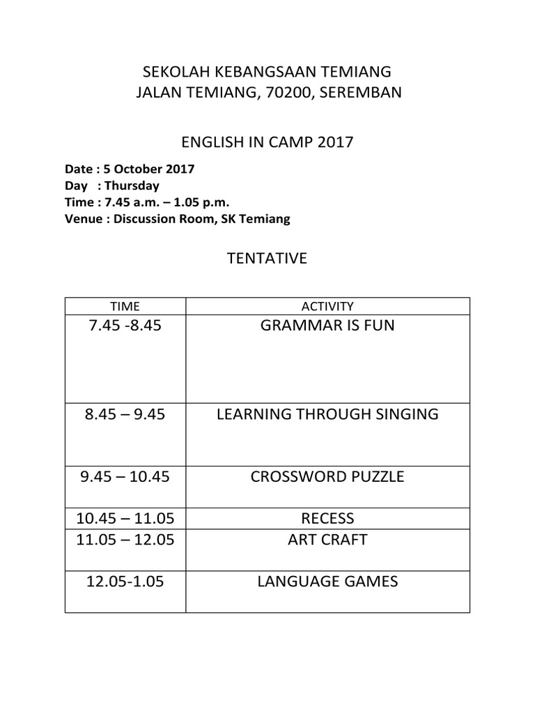English Camp Tentative | PDF
