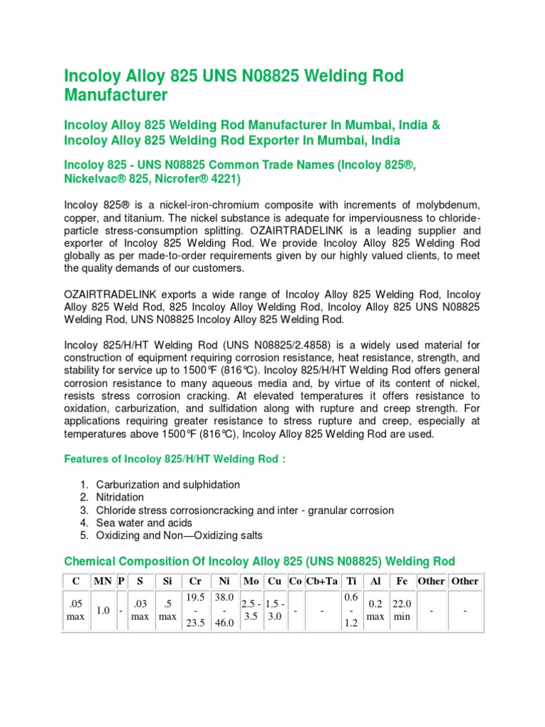 Incoloy Alloy 825 UNS N08825 Welding Rod Manufacturer in India | PDF ...