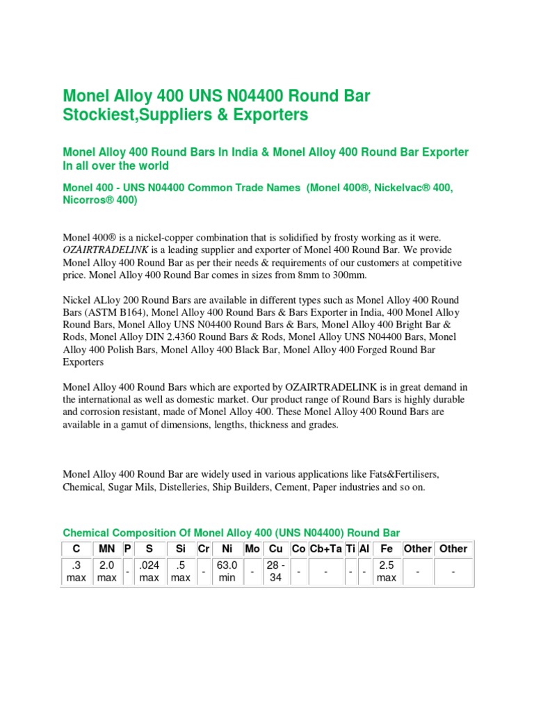 Monel Alloy 400 UNS N04400 Round Bar Stockiest, Suppliers & Exporters ...
