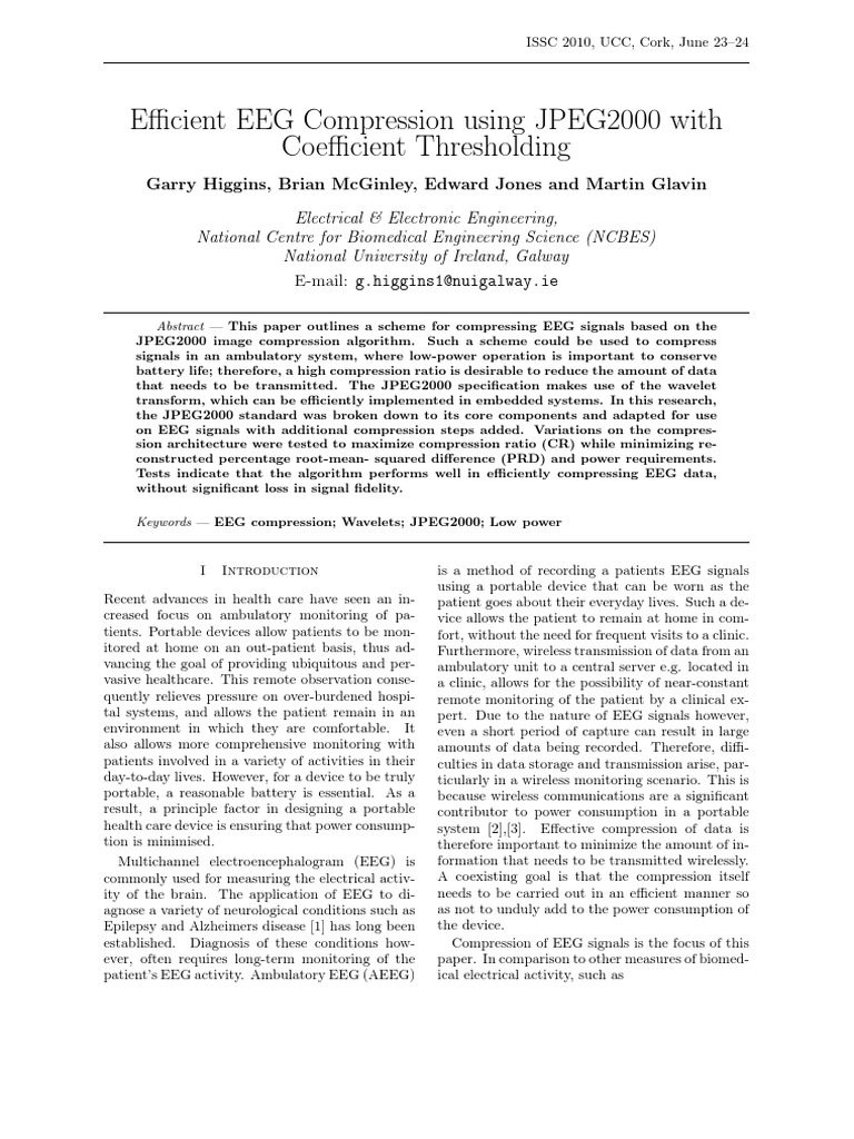 E Cient EEG Compression Using JPEG2000 With Coe Cient Thresholding | PDF | Data Compression ...