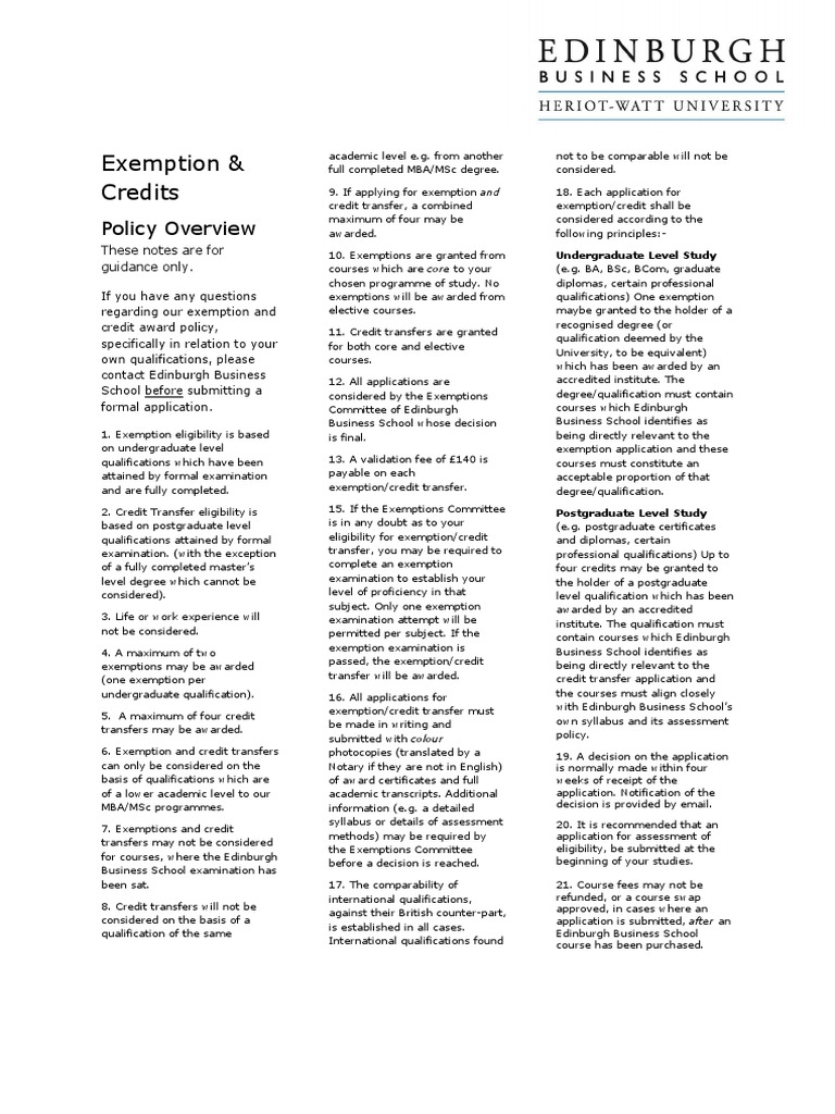 Exemption & Credits: Policy Overview | PDF | Professional Certification ...