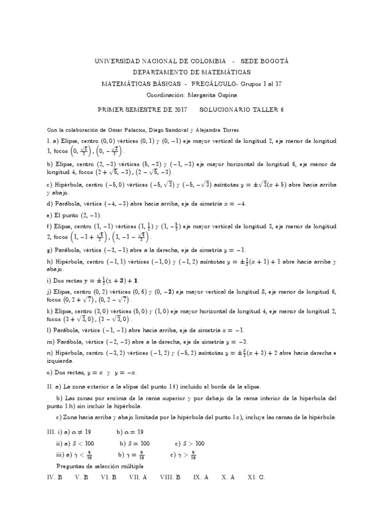 Taller 6 Precalculo I 2017 Solucionario | PDF | Elipse | Geometría