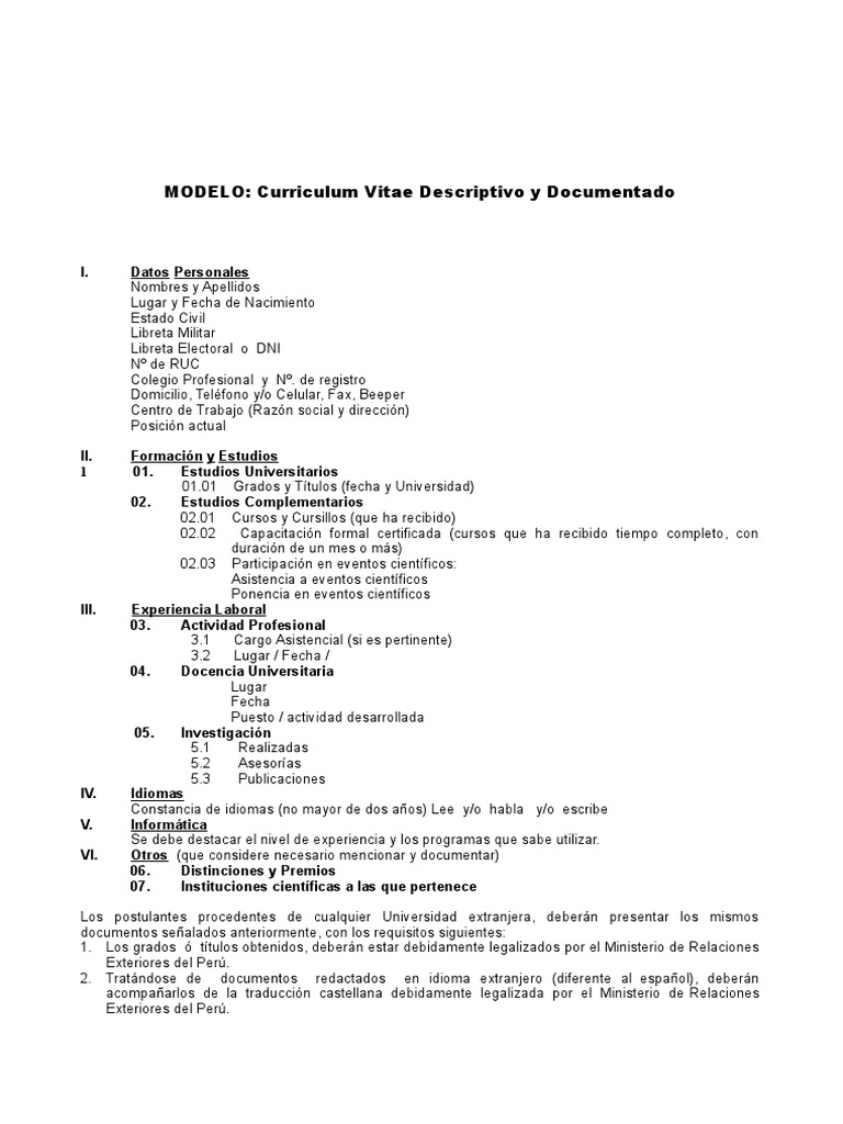 MODELO: Curriculum Vitae Descriptivo y Documentado | PDF