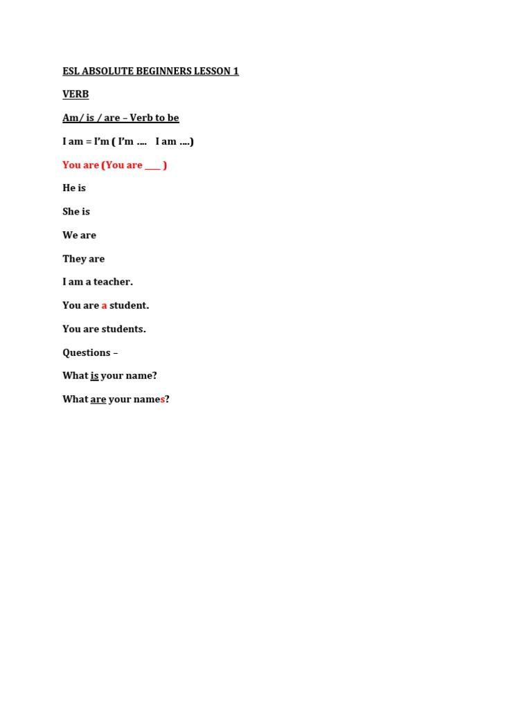 Esl Absolute Beginners Lesson 1 Verb Am/ Is / Are - Verb To Be I Am I'm ...