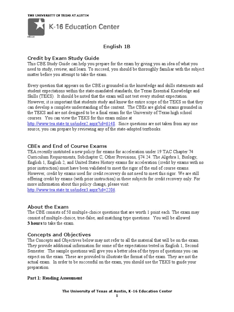 English 1B Credit by Exam Study Guide: The University of Texas at ...