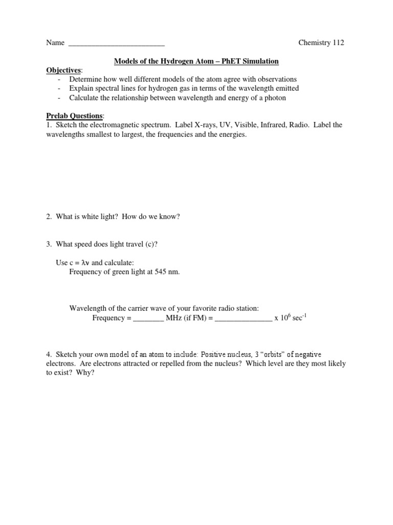 PhET Simulation: Hydrogen Atom Models | PDF | Electromagnetic Spectrum ...