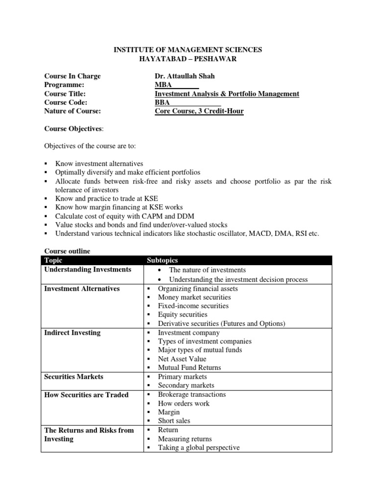 Course Outline - Investment Analysis and Portfolio Management | PDF ...