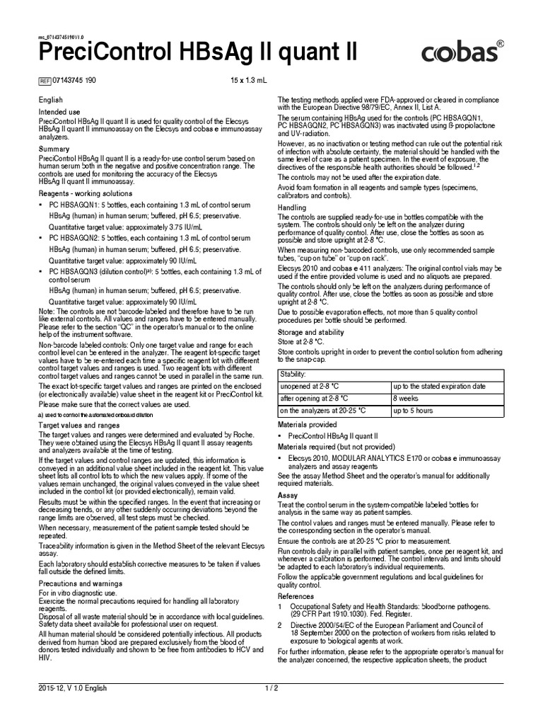 PreciControl HBsAg II Quant II - Ms - 07143745190.v1.en PDF | PDF ...