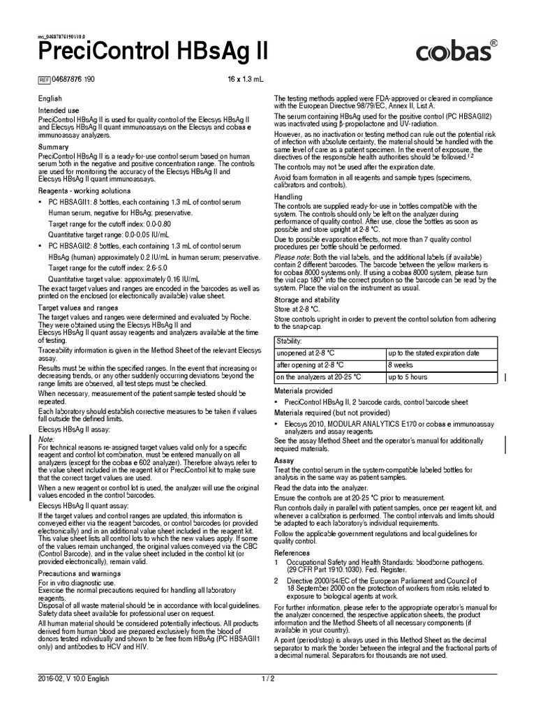 PreciControl HBsAg II - Ms - 04687876190.v10.en PDF | PDF | Assay ...