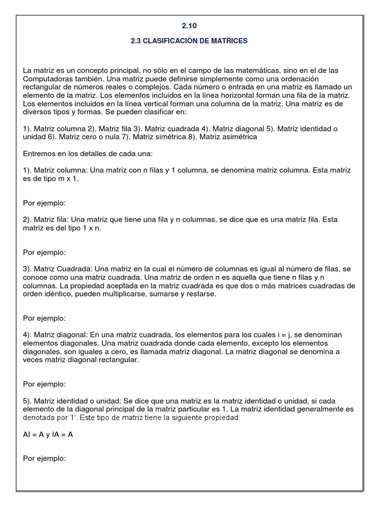 2.3 Clasificaciòn de Matrices | PDF | Matriz (Matemáticas) | Teoría de ...