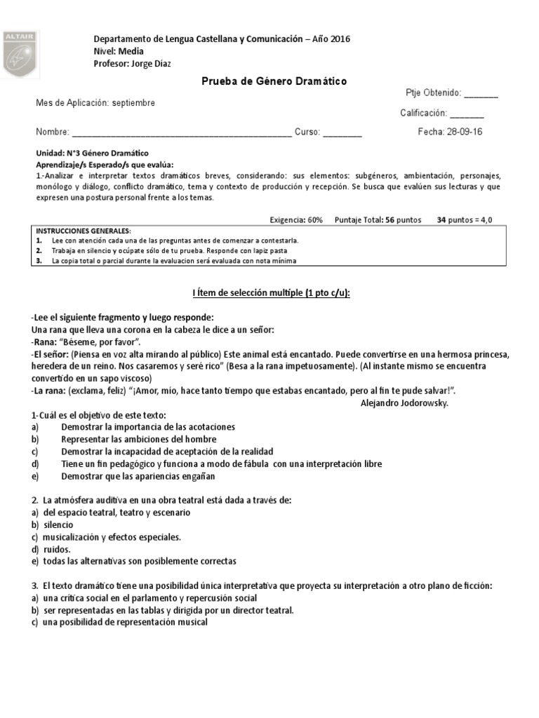 Prueba Genero Dramatico | PDF | Teatro | Entretenimiento (general)
