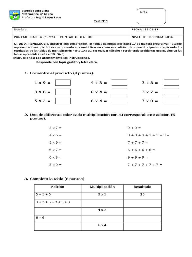 Test de la multiplicación 4° basico | Multiplicación | Ciencia cognitiva