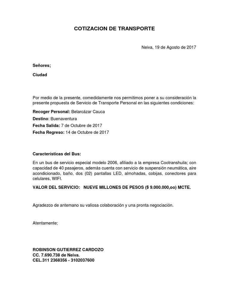 Cotizacion Servicio Transporte | PDF
