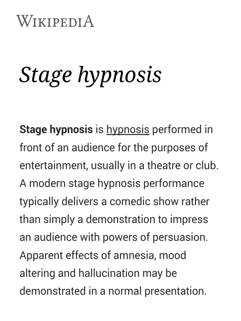 Stage Hypnosis - Wikipedia | PDF | Hypnosis | Psychological States