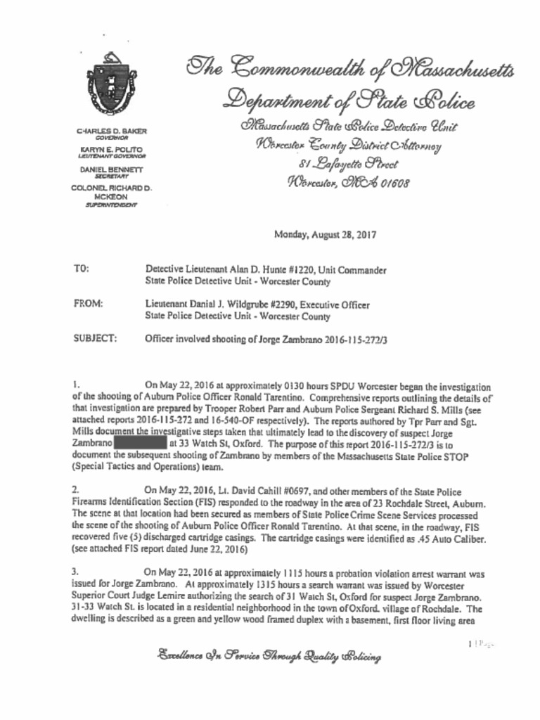 Massachusetts State Police Report On Fatal Shooting of Jorge Zambrano | PDF