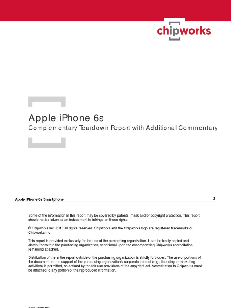 Apple Iphone 6s A1688 Smartphone Chipworks Teardown Report BPT-1509-801 ...