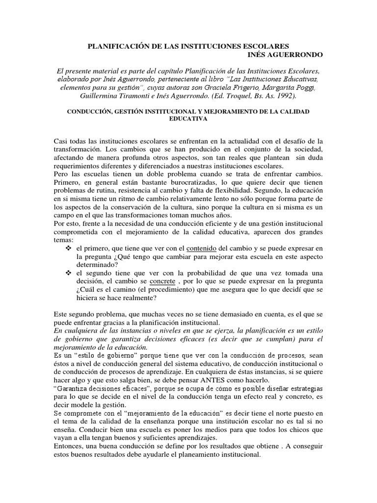 Planificación de Las Instituciones Escolares Inés Aguerrondo 1992 ...