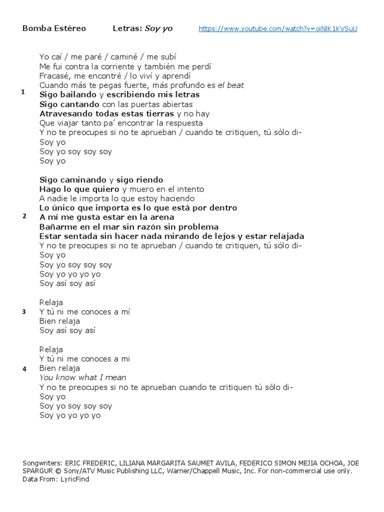 Bomba Estereo Letras Soy Yo | PDF | Ocio | Entretenimiento (general)
