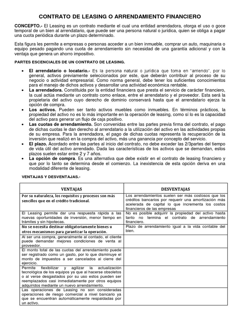 Contrato de Leasing: Conceptos Clave | PDF | Arrendamiento | Derecho ...