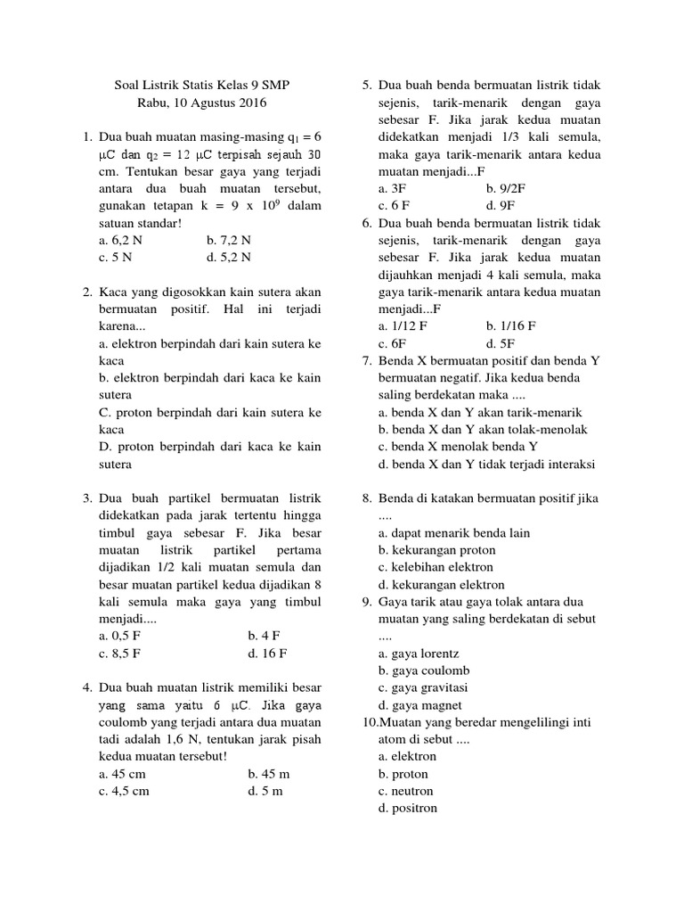 Soal Listrik Statis Kelas 9 SMP | PDF