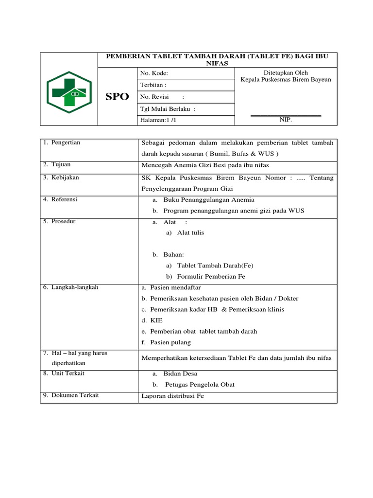Sop Pemberian Tablet Fe Pada Ibu Nifas | PDF