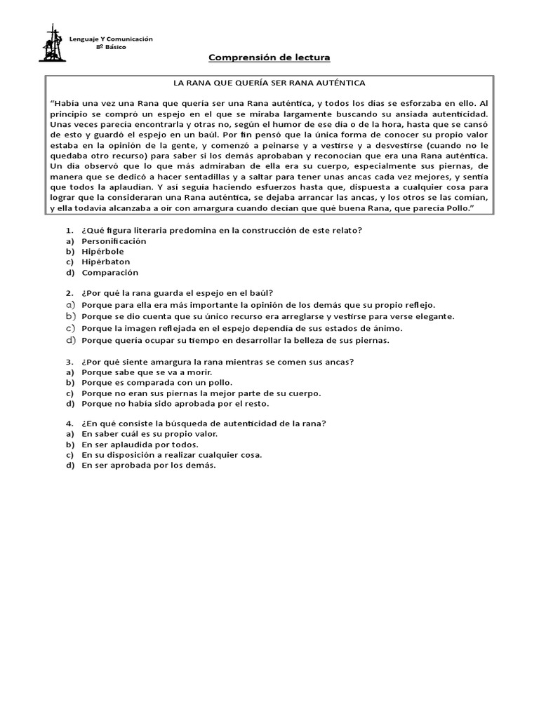 Comprensión Lectora La Rana Que Quería Ser Rana Auténtica | PDF ...
