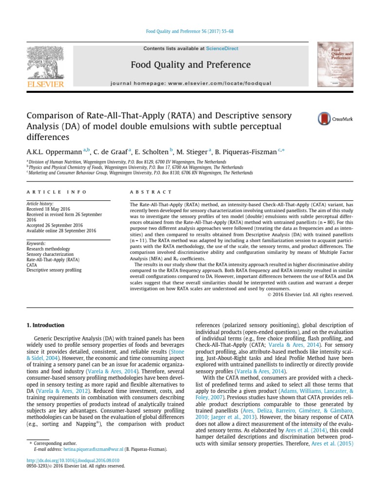 Comparison of Rate-All-That-Apply (RATA) and Descriptive Sensory | PDF ...