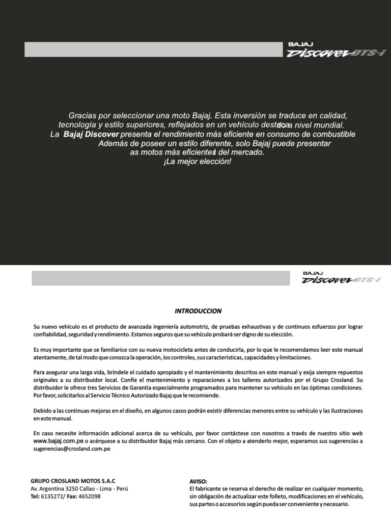 Manual Discover 100 PDF | PDF | Motocicleta | Batería (electricidad)