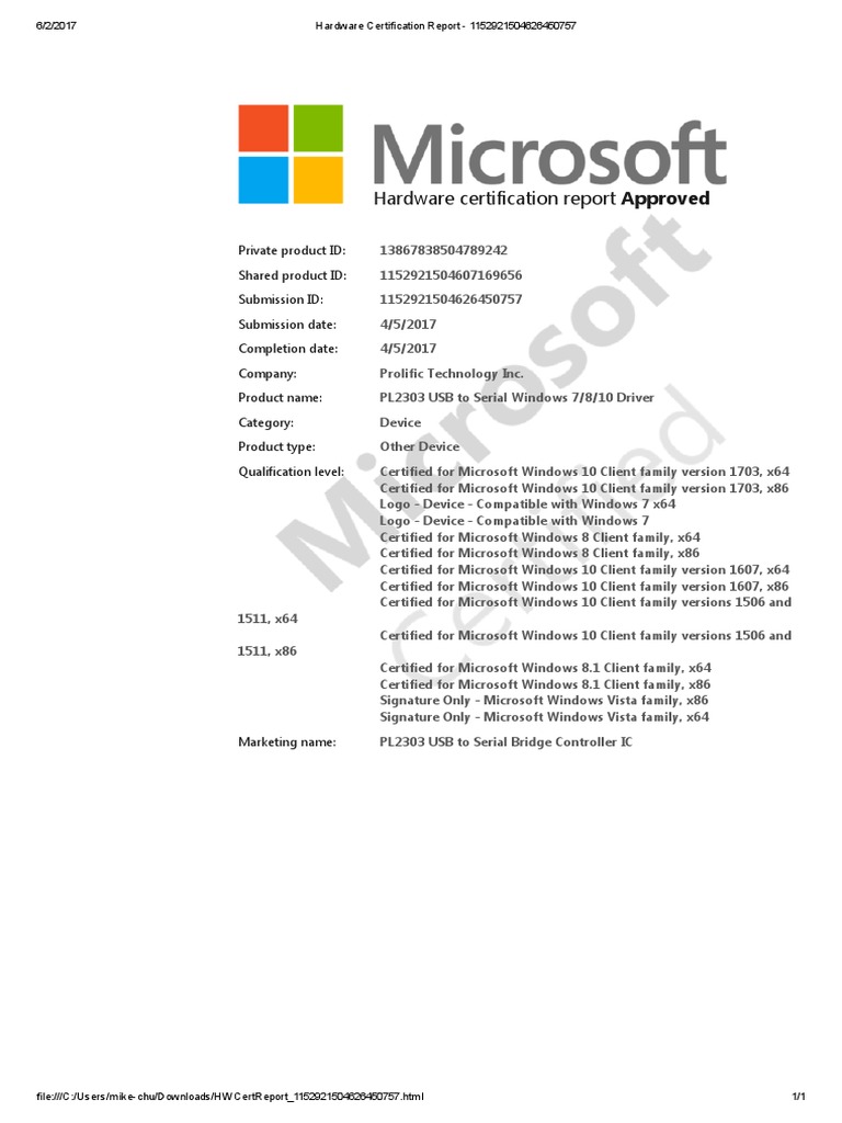 Windows Driver Certification Report | PDF | Windows 10 | Windows 8