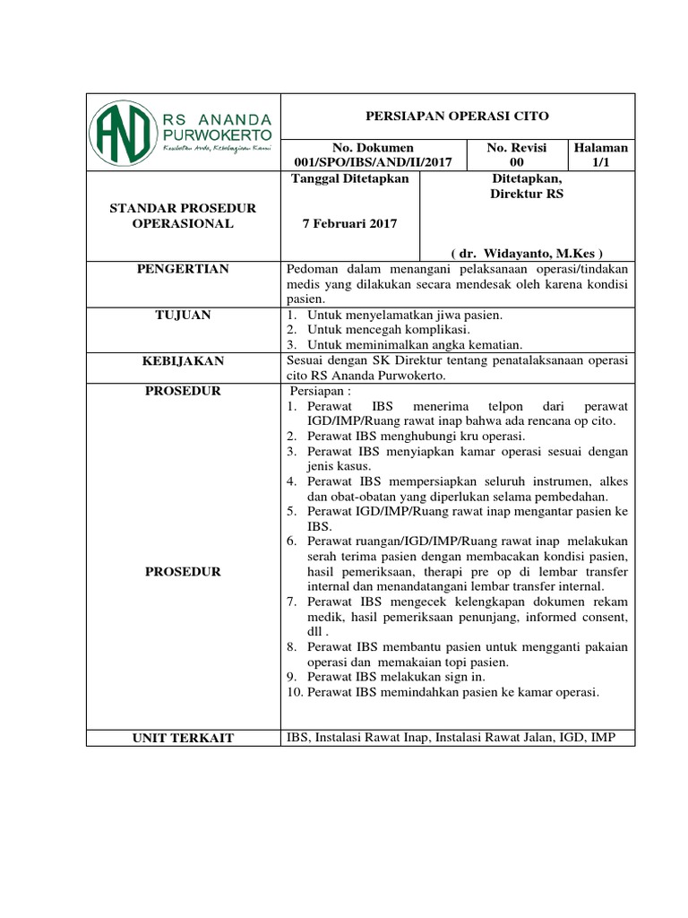 Spo Persiapan Operasi Cito Fix | PDF