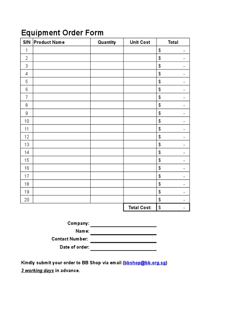 Equipment Order Form: S/N Product Name Quantity Unit Cost Total | PDF