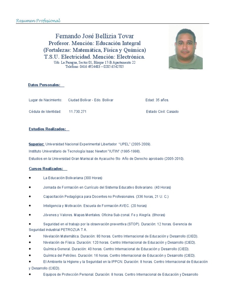 Curriculum Fernando José Bellizia Tovar | PDF | Universidad | Educación ...