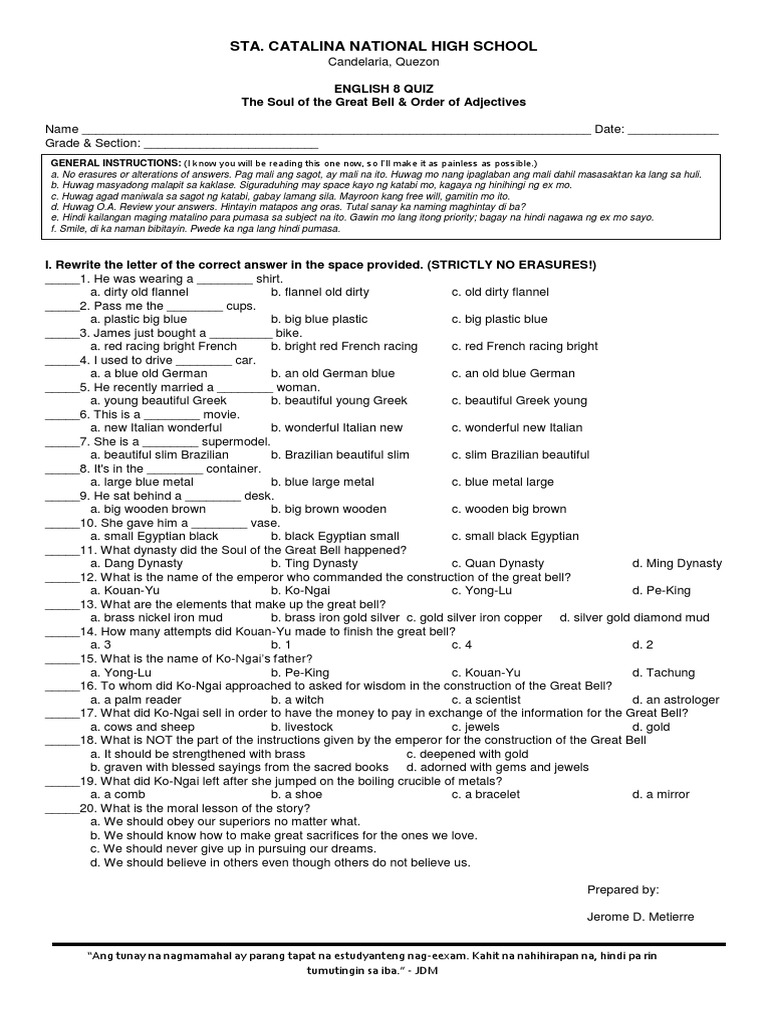Grade 8 - The Soul of The Great Bell (Quiz) | PDF