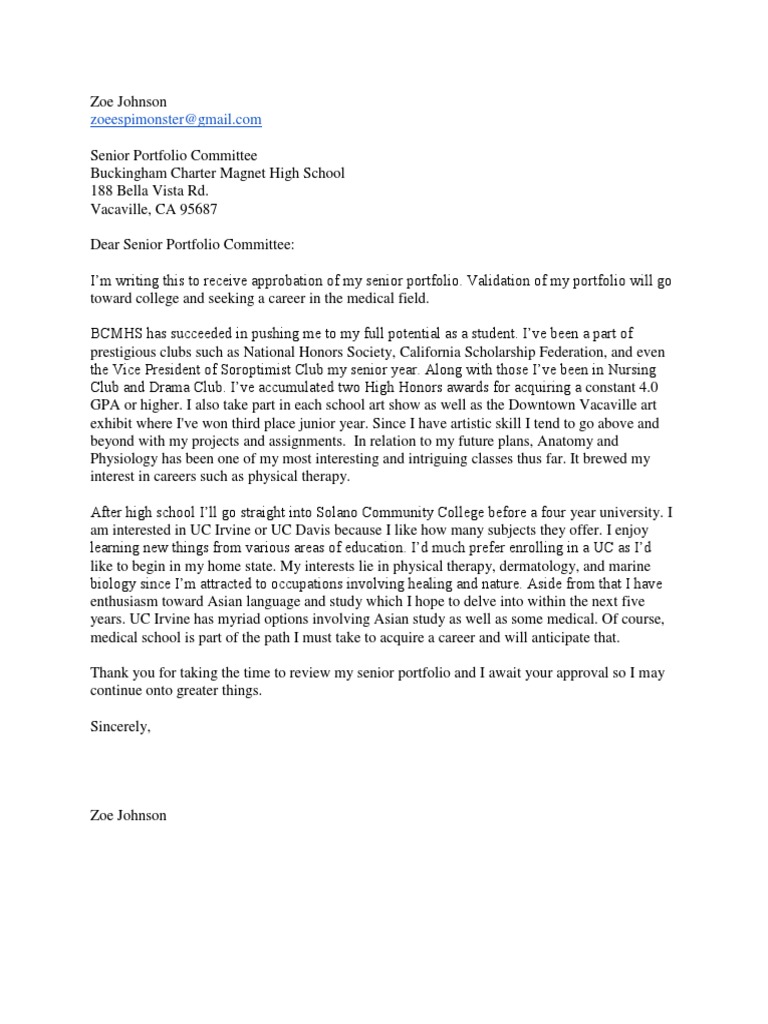 College Application Sample For Portfolio