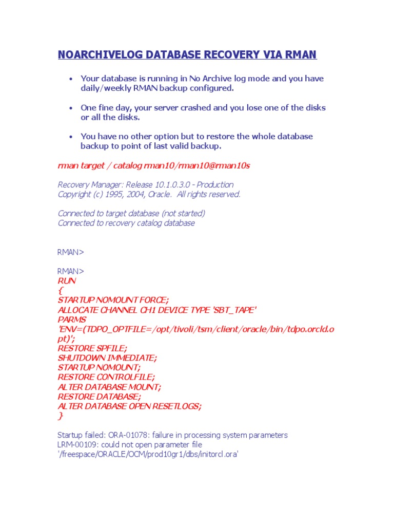 Noarchivelog Database Recovery Via Rman | PDF | Oracle Database | Backup