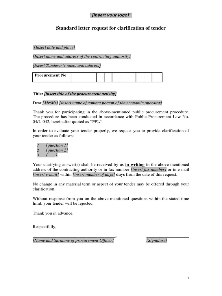 B47 Standard Letter Request For Clarification of Tender | PDF | Finance ...